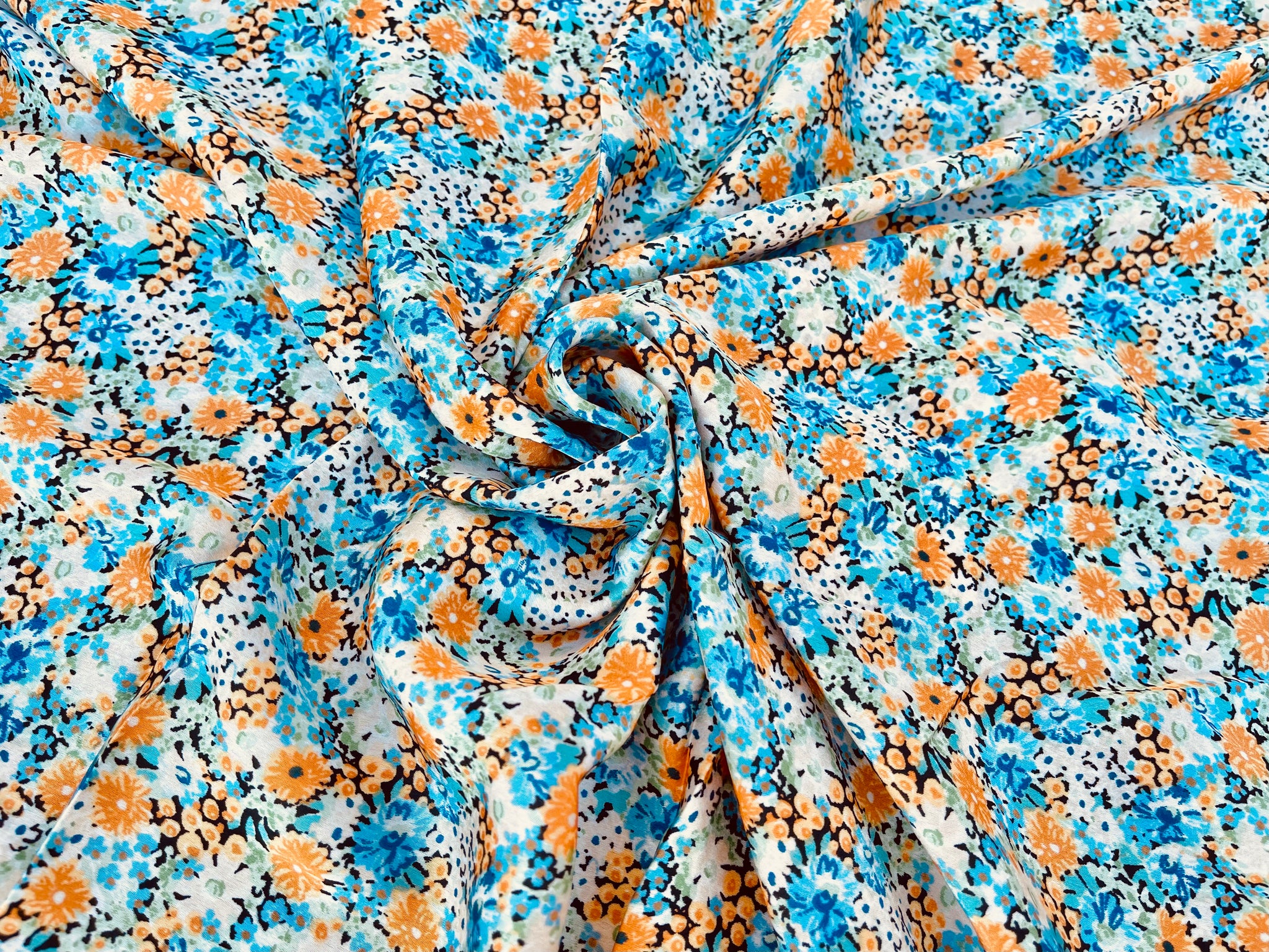 Satin dobby fabric by the yard - Blue orange floral dainty print ...