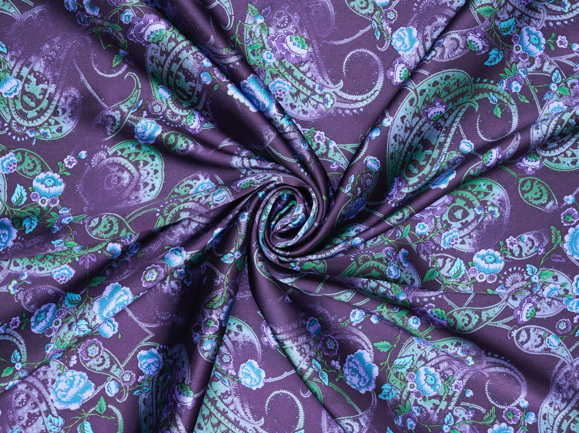 Purple and teal washed paisley - charmeuse satin fabric by the yard ...