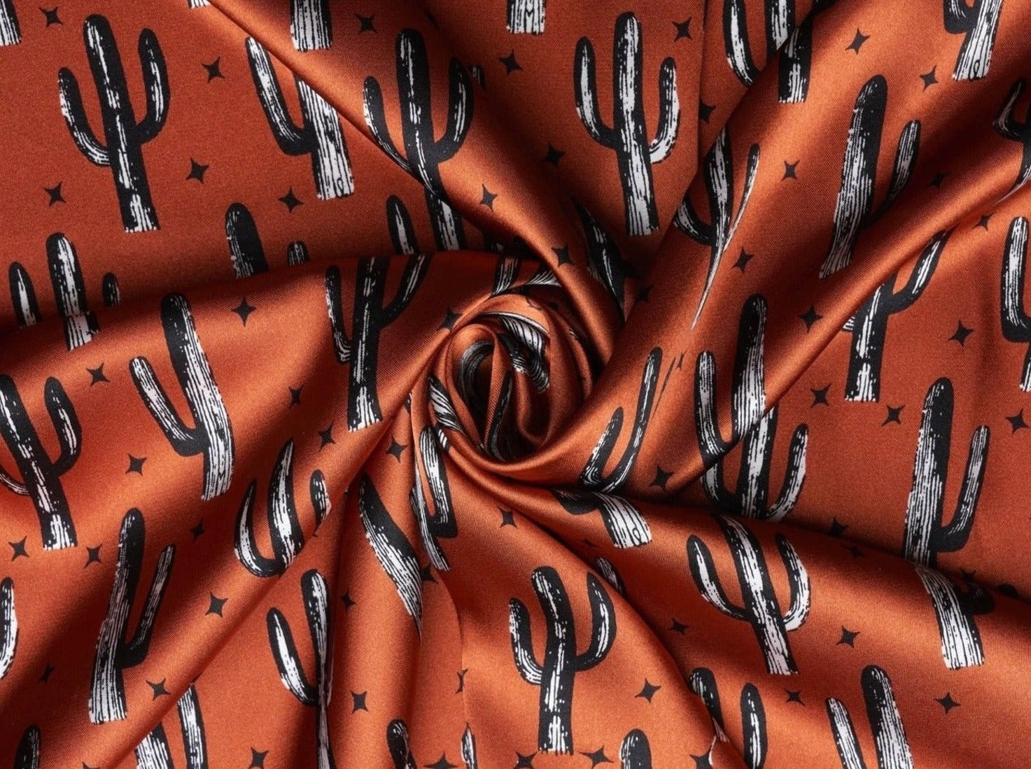 Charmeuse Satin print fabric by the yard - Cactus and dainty stars - w ...